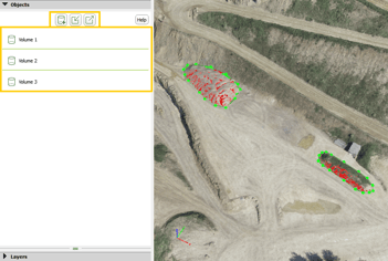 Menu View > Volumes > Sidebar > Objects - PIX4Dmapper